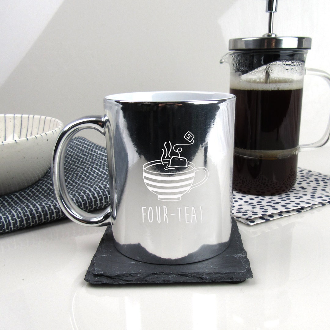 Engraved Shiny Metallic Silver Coffee Mug Cup "four-tea" Design ...