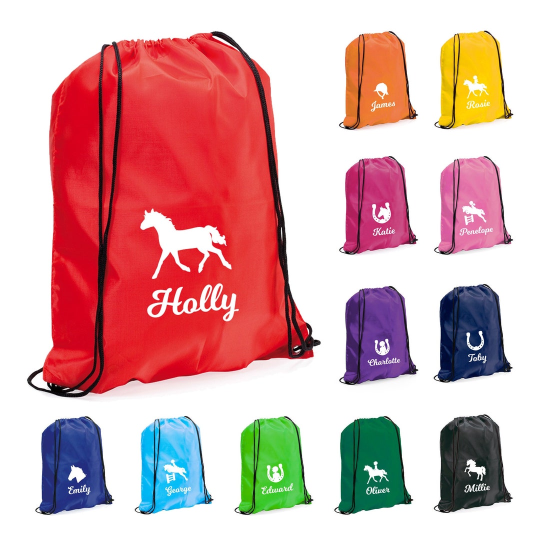 Personalised Name & Horse Silhouette Drawstring Bag Horse Lover Equestrian Back to School Kit ...