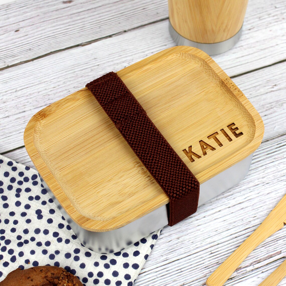 Personalised Metal and Wood Lunch Box With Engraved Wooden Bamboo Lid ...