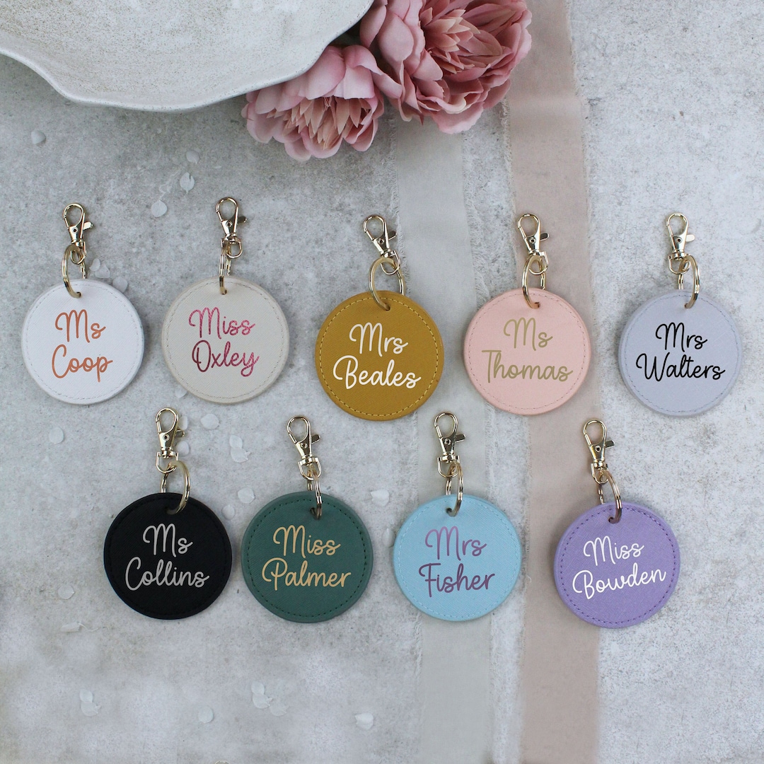 Personalised Teacher Name Keyring, PU Leather Round Keyring, Teacher ...