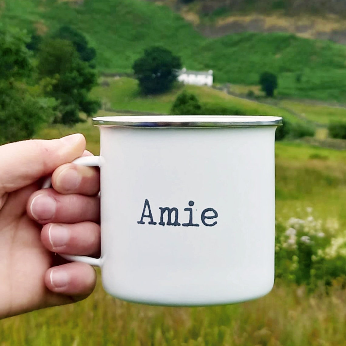 Personalised Name Enamel Tin Mug, White Metal Tea Coffee Cup, Camping ...
