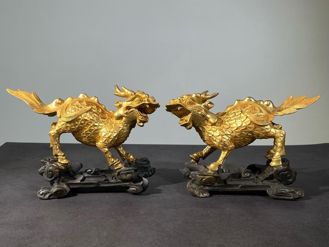 A Pair of Exquisite and Rare Pure Copper Gilded Fortune-bringing Kylin ...