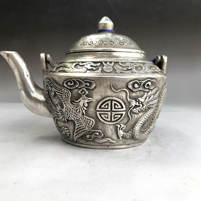 Ancient Tibetan silver wine pot pure hand carved dragon and | Etsy