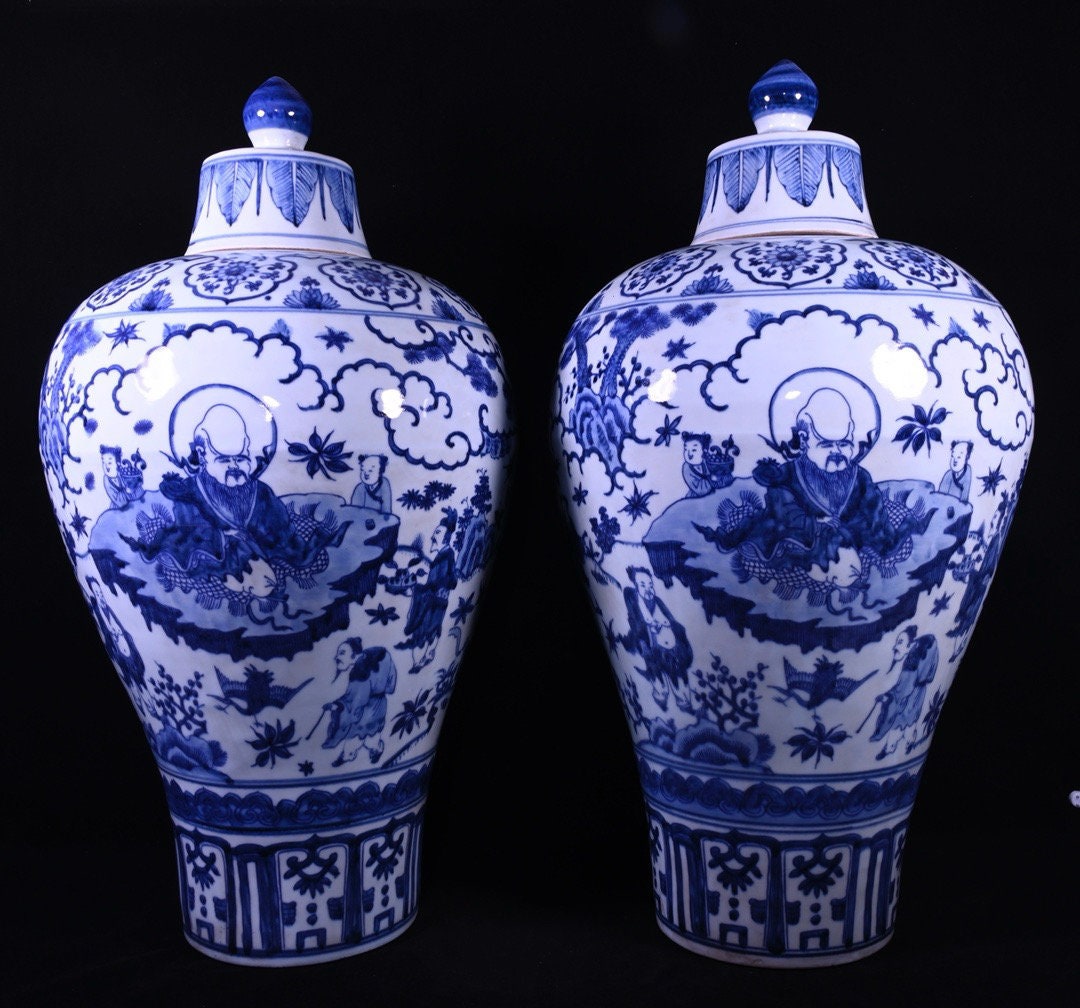 A Pair of Chinese Antique Hand-painted Large Exquisite and Rare Blue ...