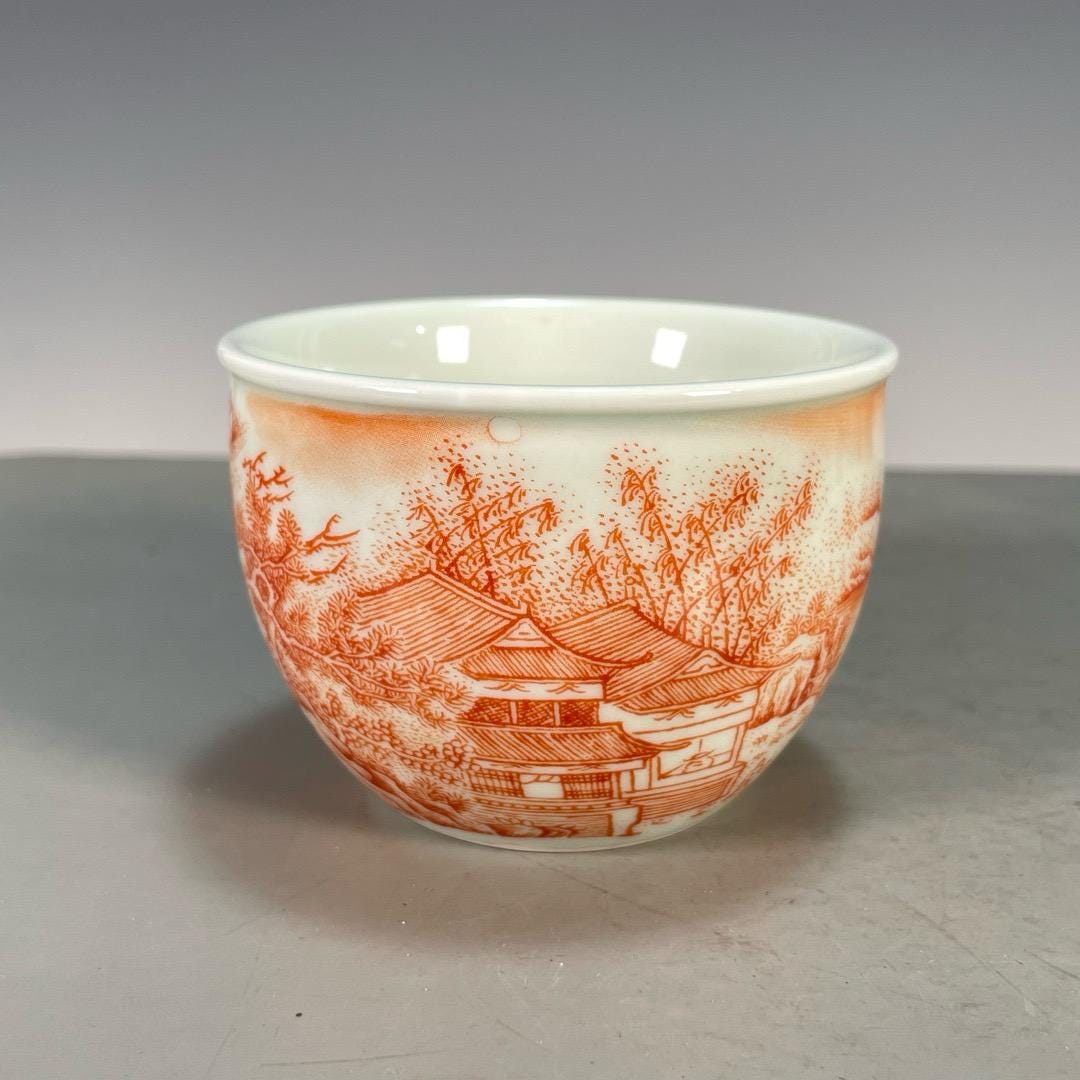Chinese Antique, Hand-painted Iron-red Landscape Pavilion, Tower, and ...