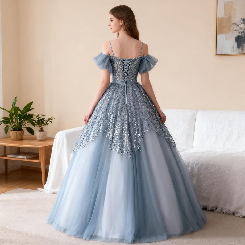 Blue off Shoulder Sequin Tulle Prom Dress,elegant Party Dress ...