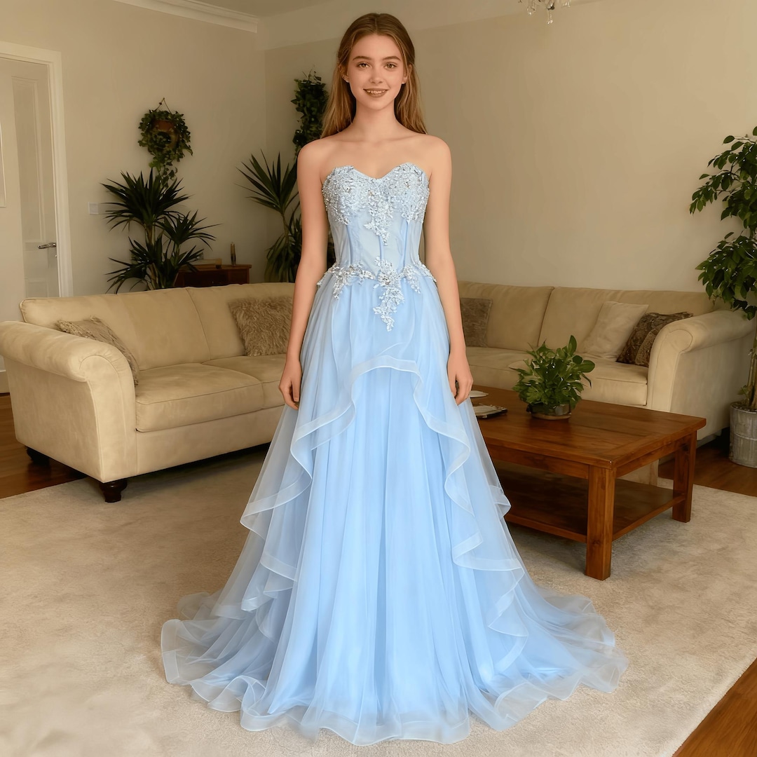 Blue Sequins Tube Prom Dress,applique Prom Dress,sweetheart Fairy Dress ...