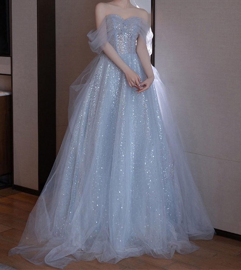 Blue off Shoulder Sequin Tulle Prom Dress,elegant Party Dress ...