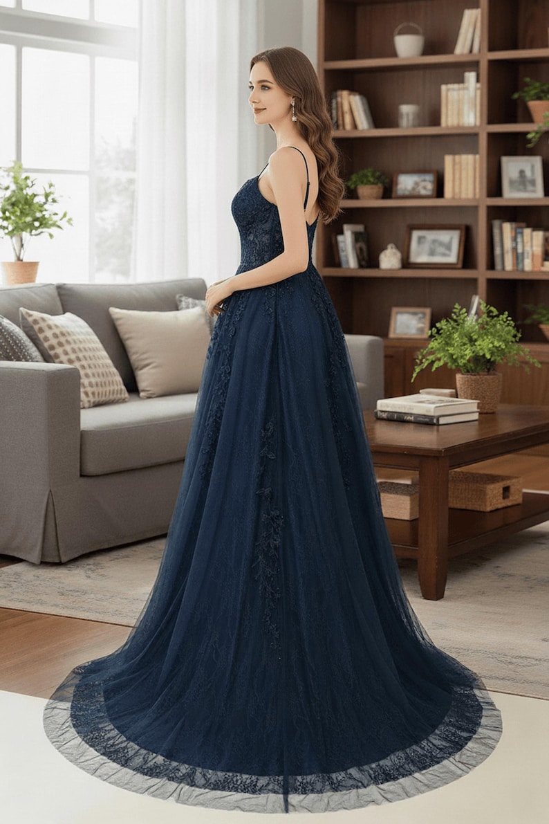 Blue Applique Tulle Prom Dress,embroidery Dress,evening Party Dress ...