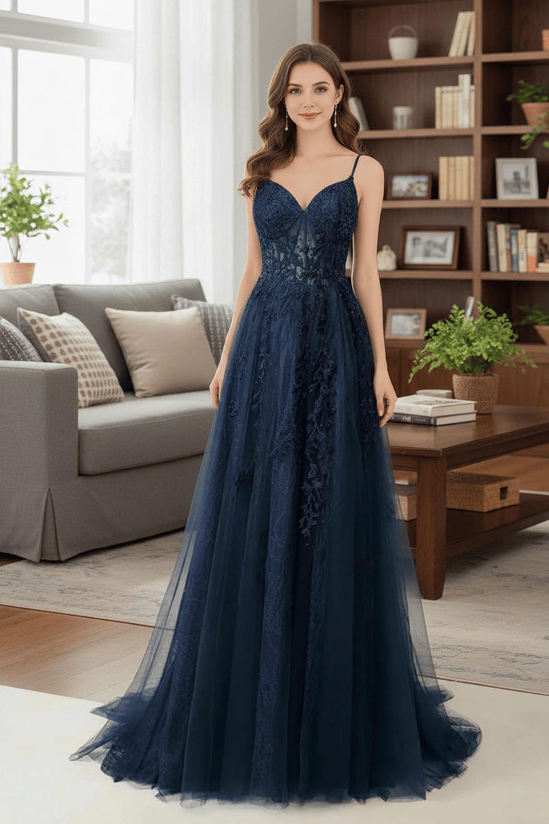 Blue Applique Tulle Prom Dress,embroidery Dress,evening Party Dress ...