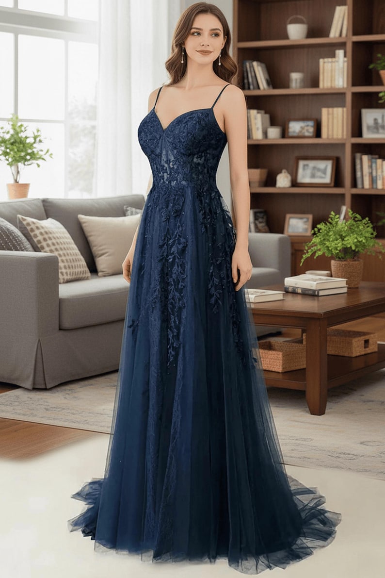 Blue Applique Tulle Prom Dress,embroidery Dress,evening Party Dress ...