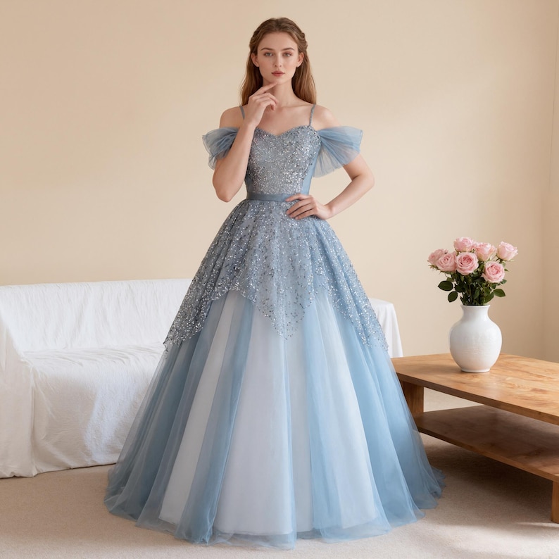 Blue off Shoulder Sequin Tulle Prom Dress,elegant Party Dress ...