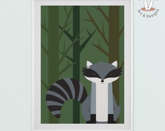 Raccoon Print Printable Art Woodland Nursery Nursery Wall - Etsy