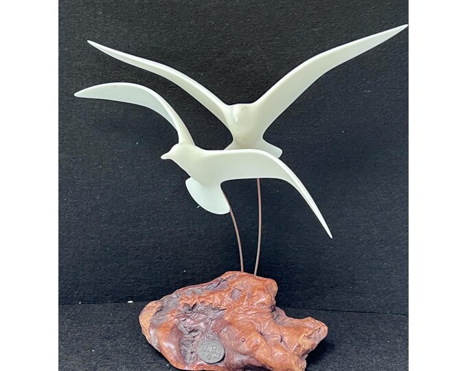 Vintage 1970s John Perry Art Sculpture Seagull Birds in Flight on Burl ...
