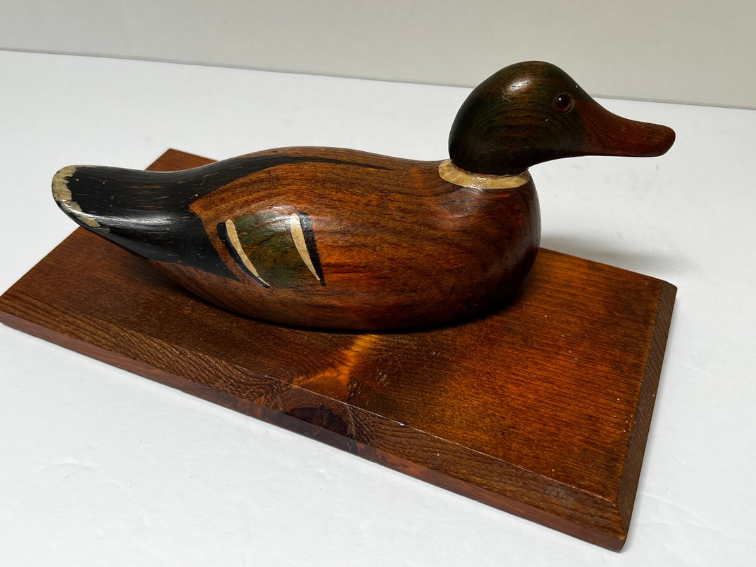 Vintage Hand Carved Decoy Duck Painted Glass Eyes Solid Wood 10 Long - Etsy