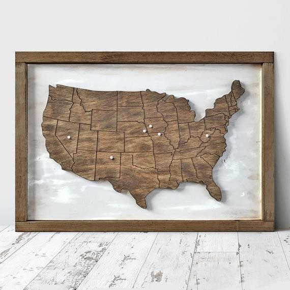 White Wood Map Marker Map for Travelers US Map | Etsy