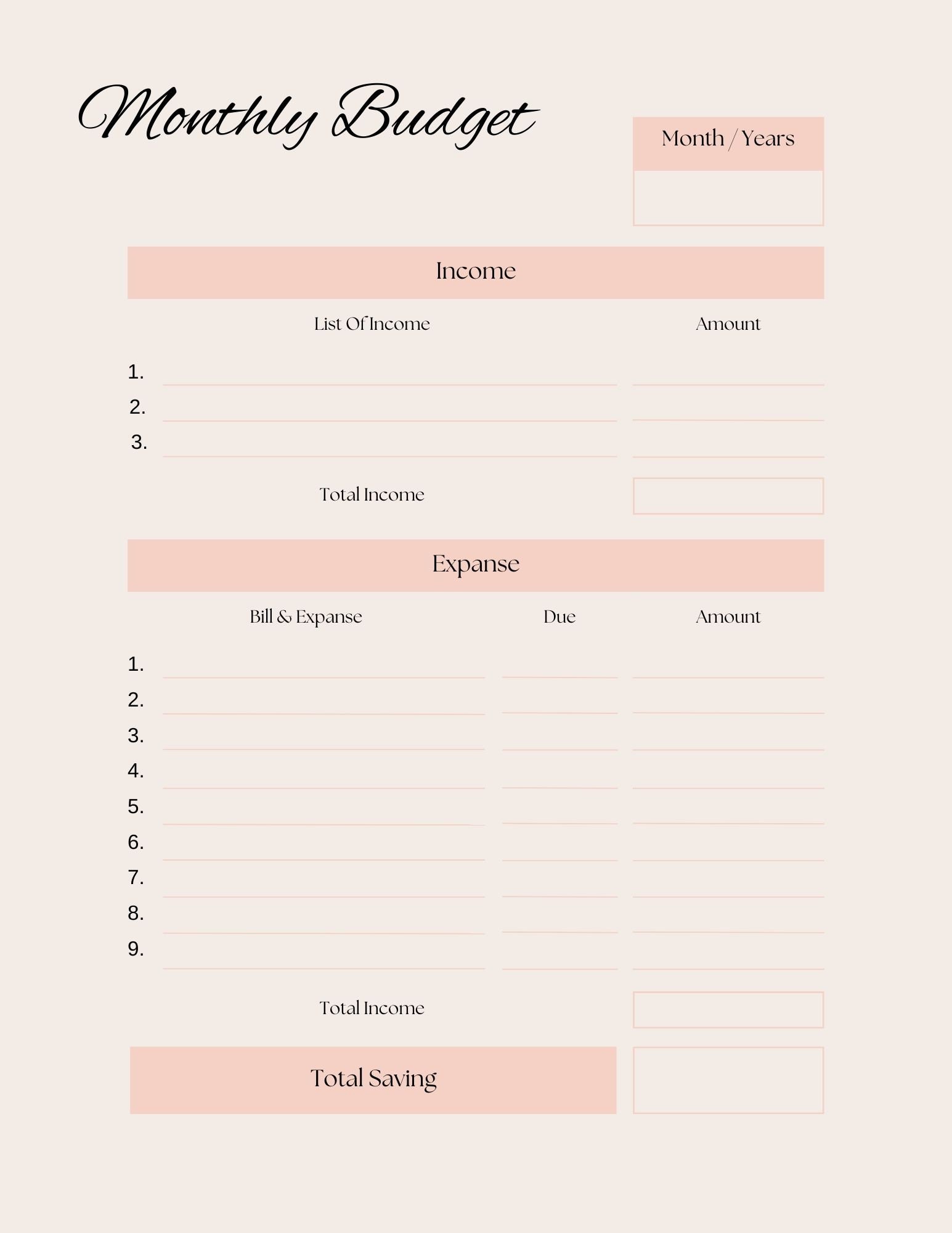 Monthly Budget Planner Simple Pink Planner Page Downloadable - Etsy