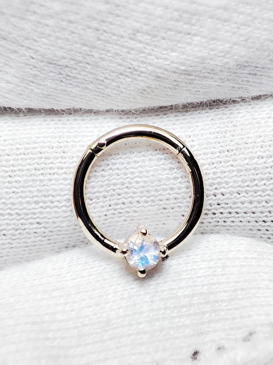 14k Solid Gold Hoop Rings Moonstone Natural Hinged Clicker Lips Rings ...