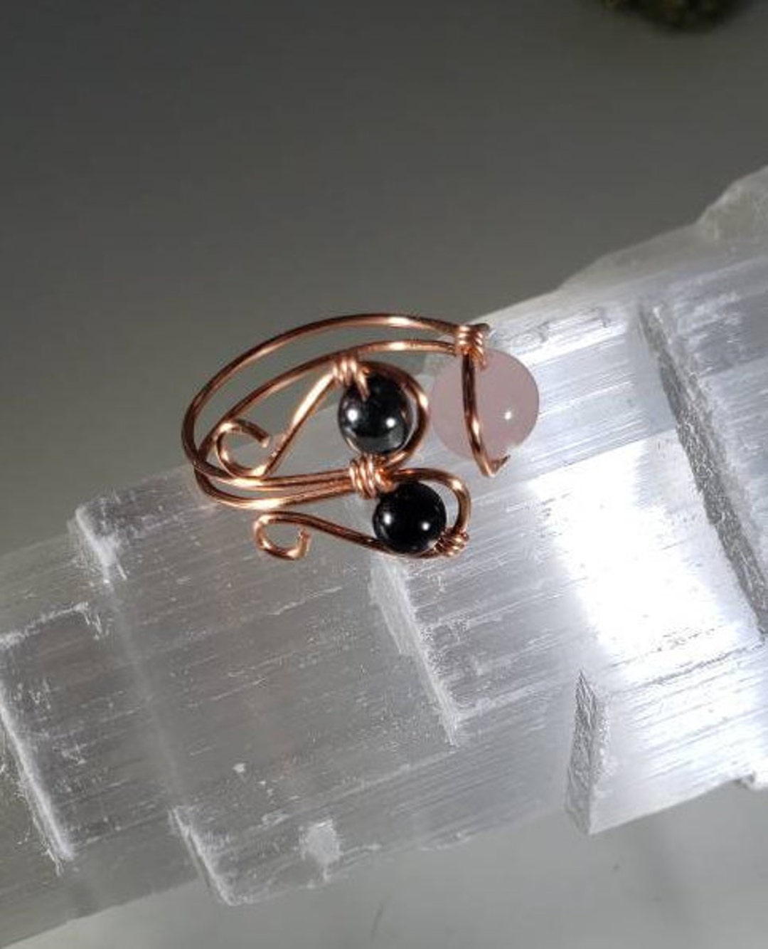 Empath Protection Ring in Copper Adjustable: Rose Quartz, Hematite ...