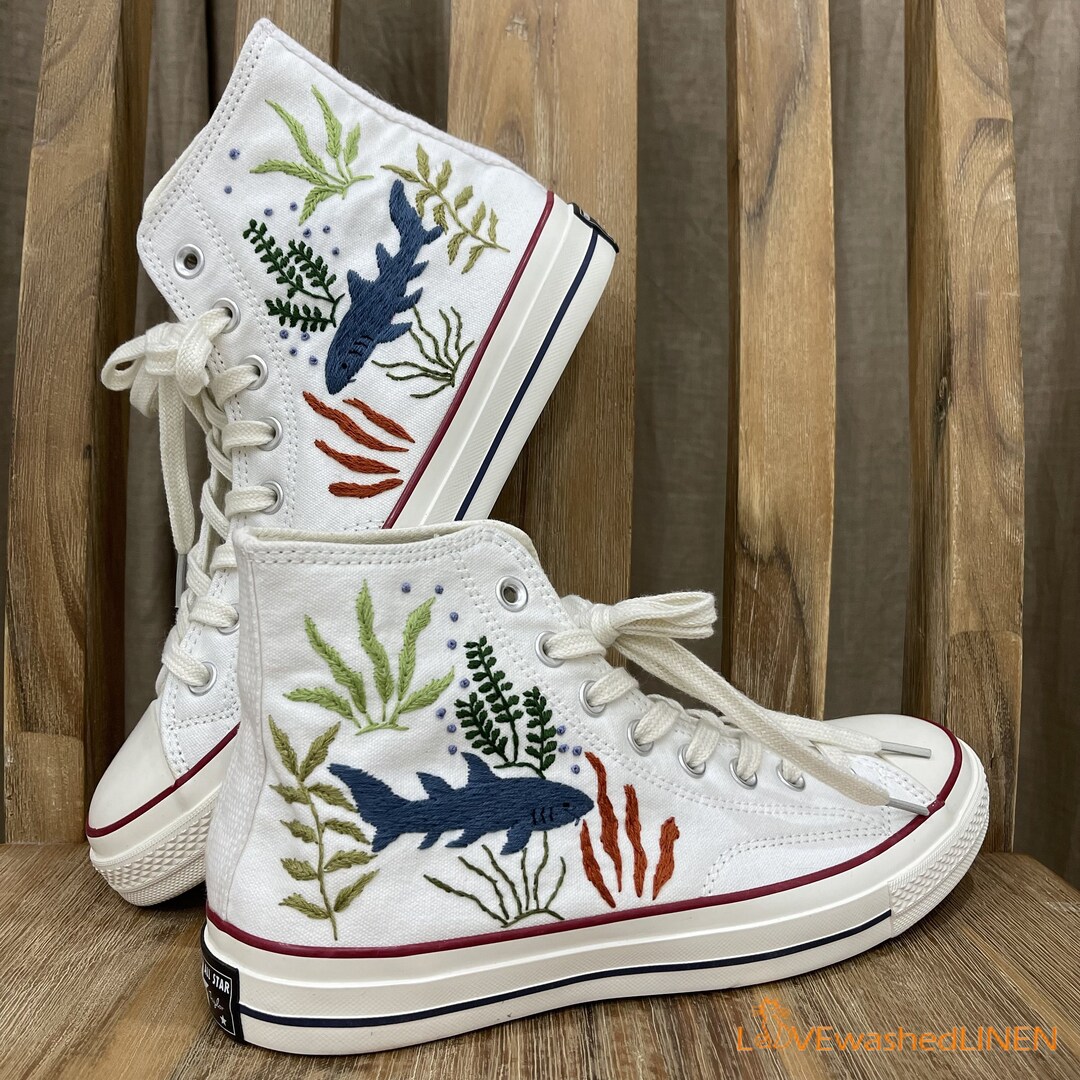 Custom Embroidered Sneakers High Tops/ Custom Shoes Taylor 1970s Shark ...