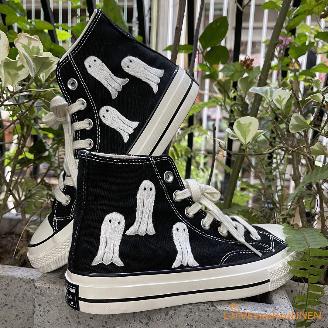 Embroidered Converse: Black High Top Sneakers With Ghost Design - Etsy