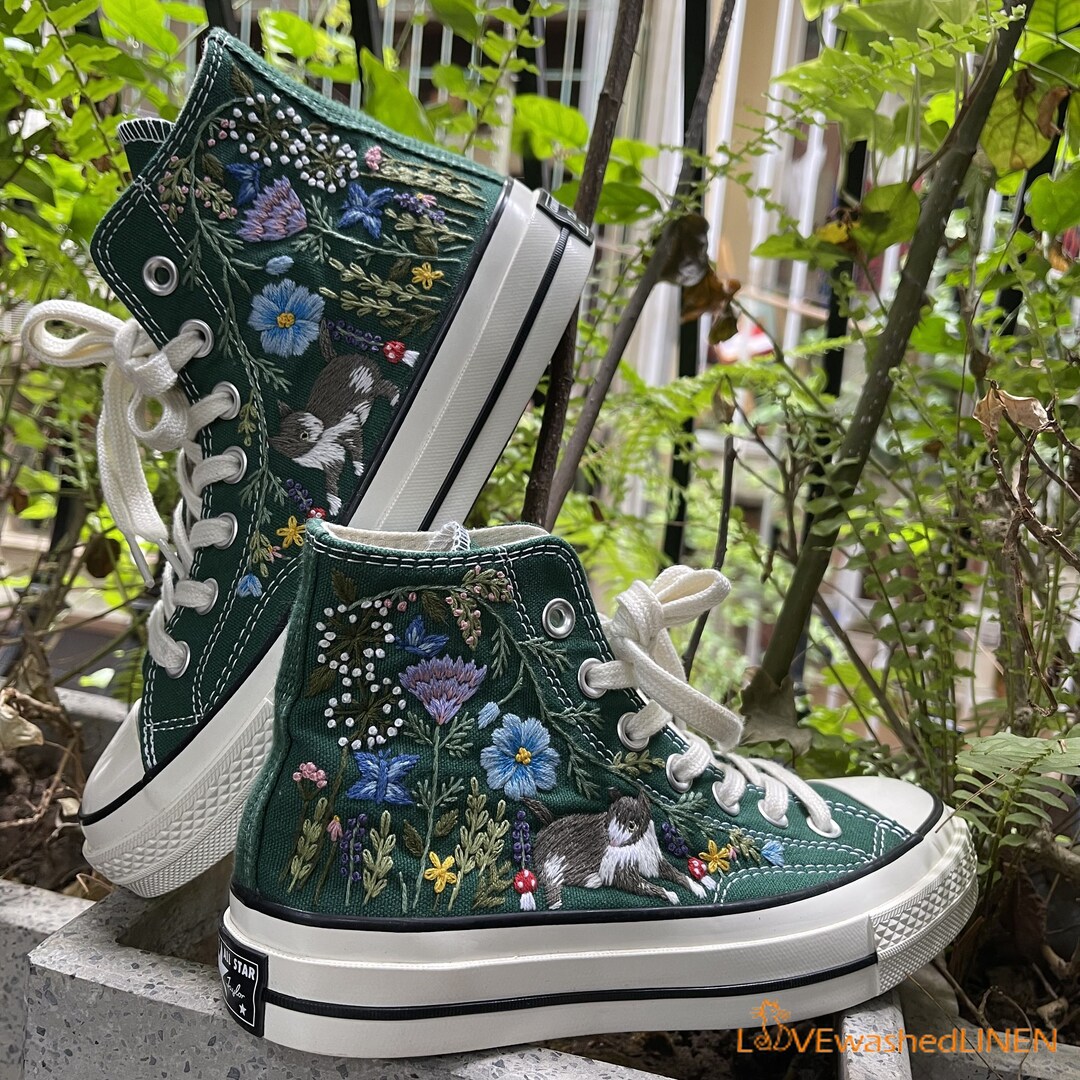 Custom Converse Chuck Taylor Embroidered/ Cats Summer Garden Flowers ...