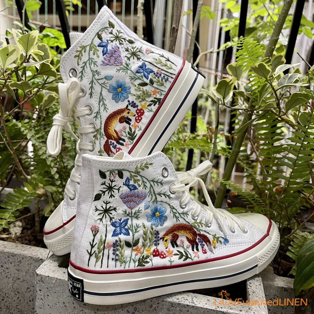 Custom Converse Fox Embroidered Sneakers – Floral Woodland High Tops ...