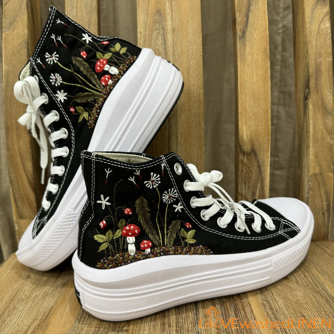 Custom Embroidered Converse Platform Sneakers: Mushroom Floral Design ...