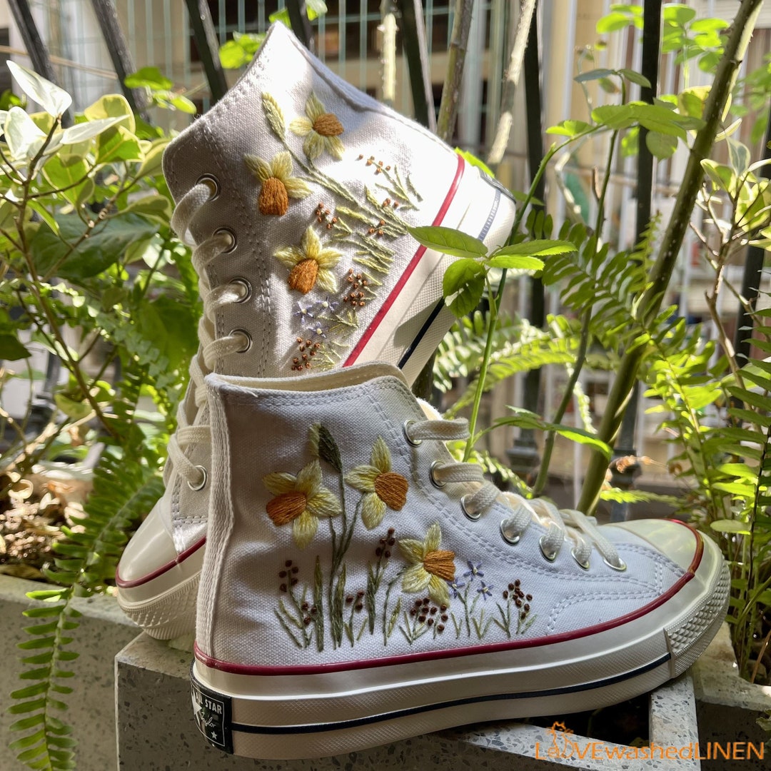 Custom Embroidered Converse High Tops: Sweet Daffodil Chuck Taylor ...