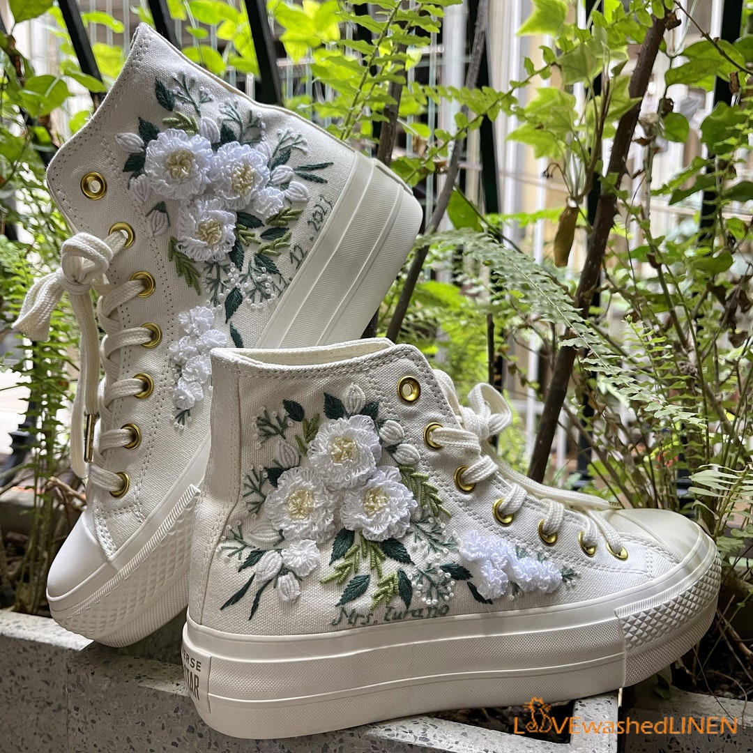 Custom Embroidered Floral Converse Platform Sneakers: Wedding Shoes - Etsy