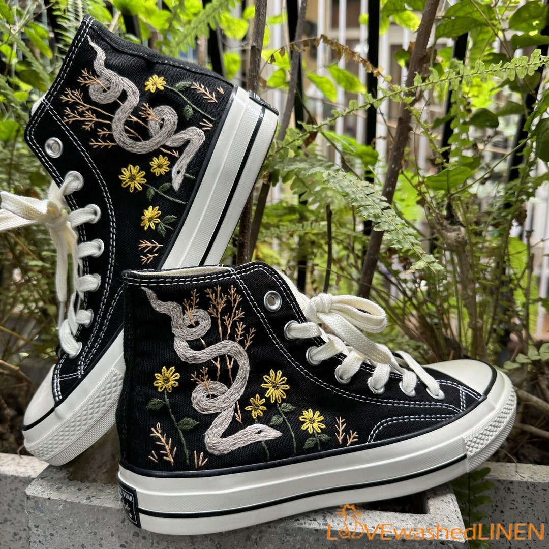 Custom Embroidered Converse High Tops | Snake and Floral Design ...