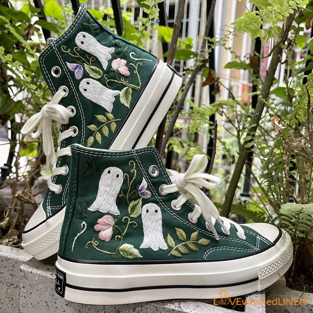 Embroidered Converse Sneakers: Green High Tops With Ghosts & Flowers - Etsy