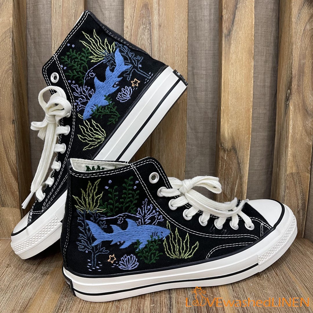 Custom Embroidered Converse High Tops: '70s Shark, Ocean Vibes - Etsy
