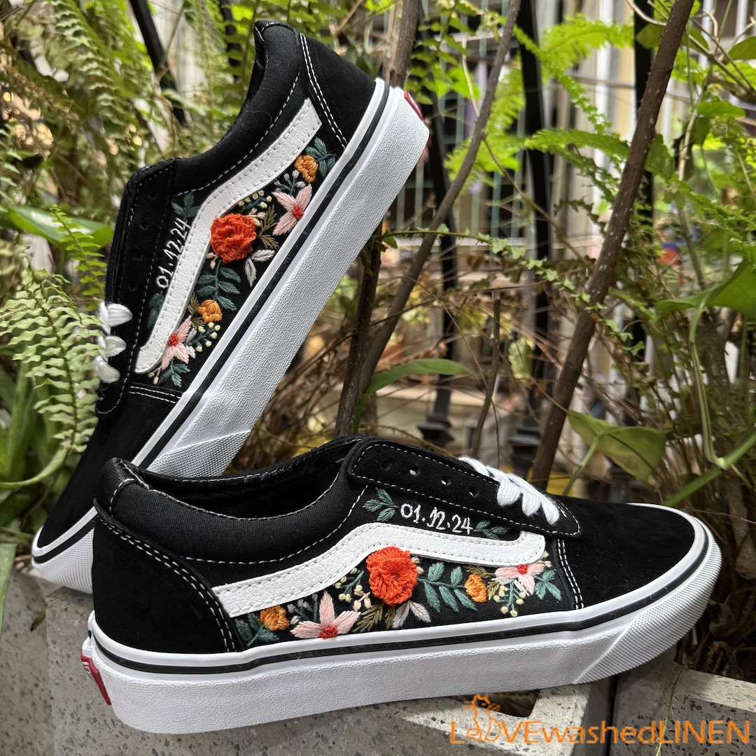 Hand Embroidered Vans | Custom Wedding Shoes With Name & Flowers ...