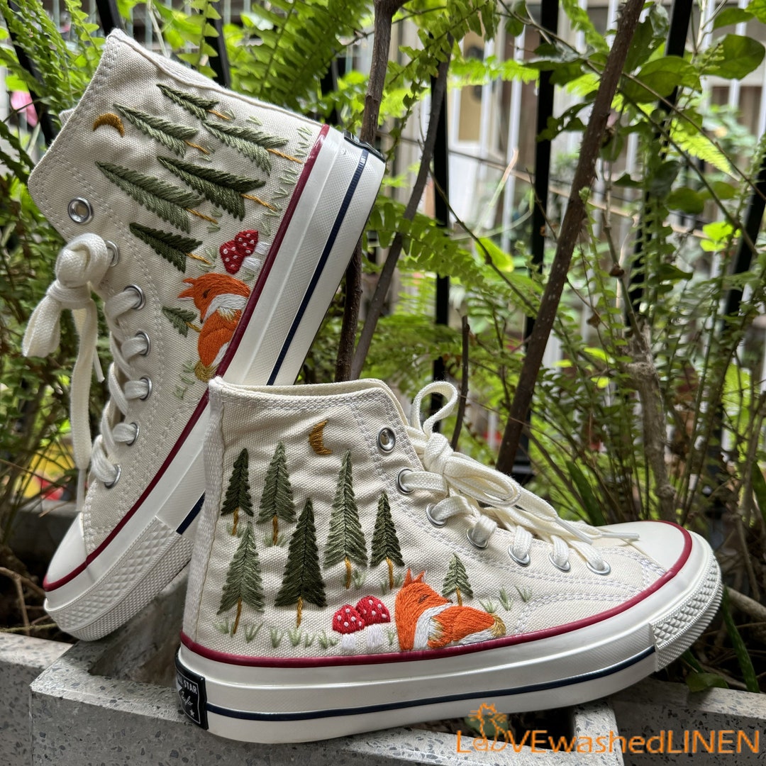Handmade Embroidered Forest Converse: Woodland Fox & Pine Tree Wedding ...