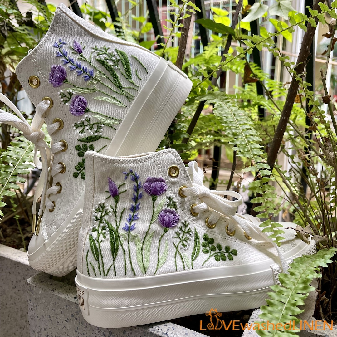 Custom Sneakers Platform/ Wedding Flowers Embroidered Shoes/ Purple ...