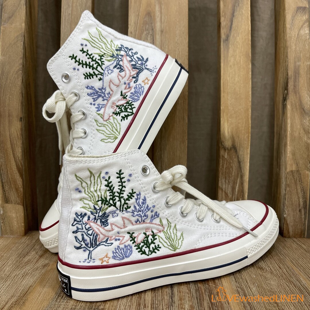 Custom Embroidered Converse High Tops: Ocean Shark, Bridal Sneakers - Etsy