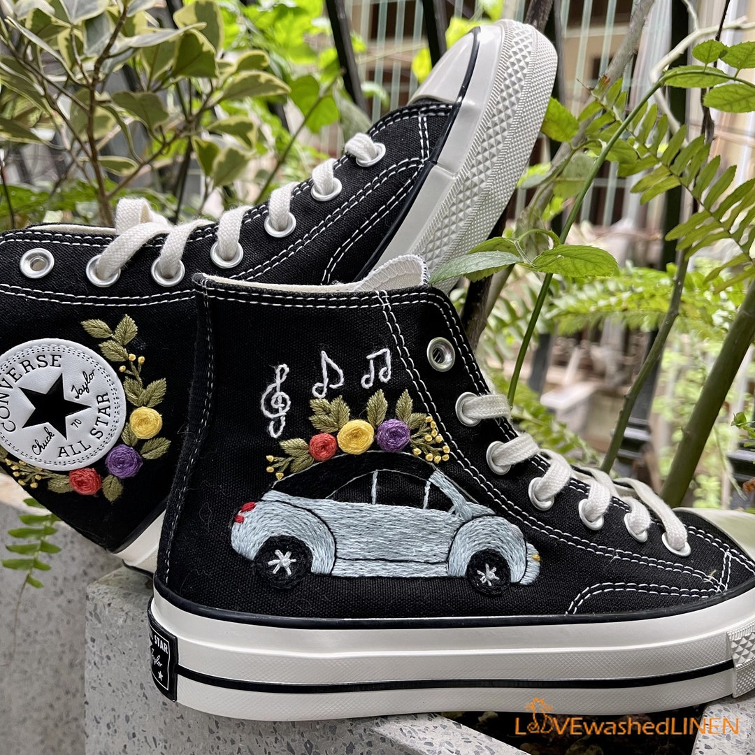Custom Embroidered Converse High Tops: Car & Floral Design - Etsy