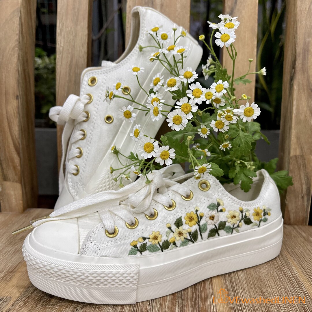 Custom Coverse Platform/ Wedding Flowers Embroidered Converse/ Bridal ...