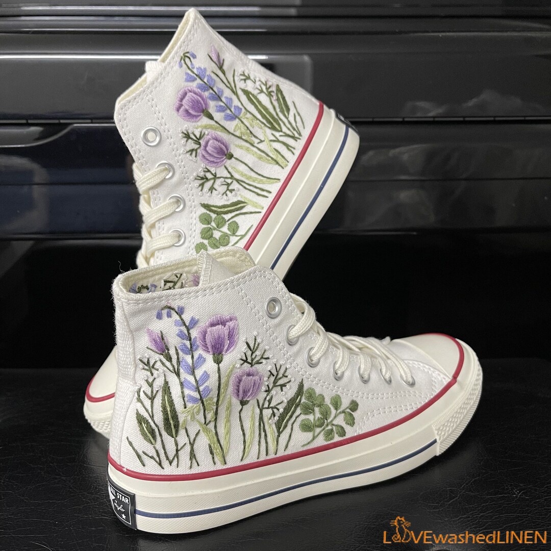 Custom Embroidered Converse High Tops: Hand-stitched Tulip Wedding ...