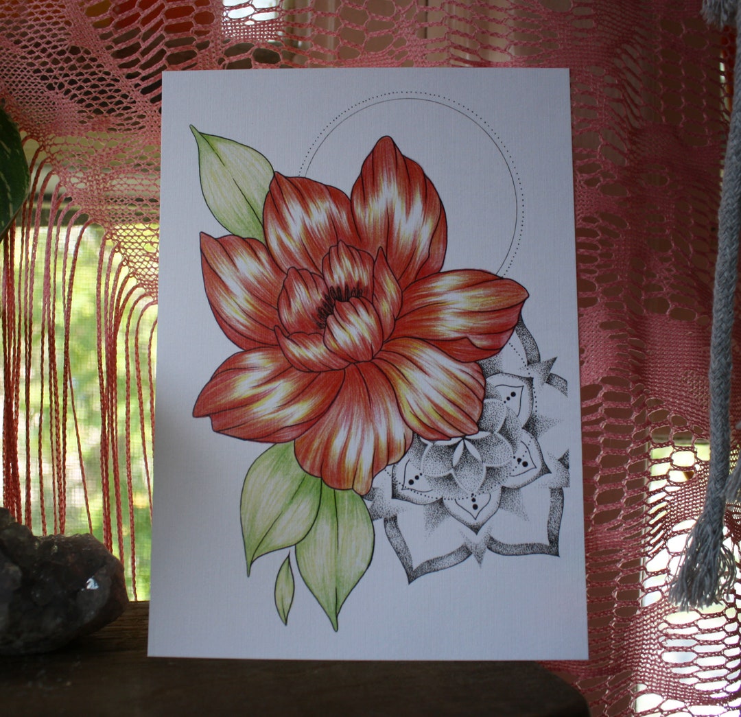 Estampado de flor de rubí sagrado, flor de mandala, dotwork art - Etsy ...