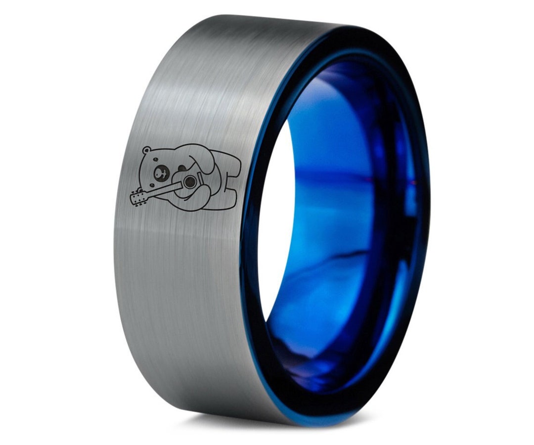 Mens Bear Gutter Ring Gray Brushed Wedding Ring Blue Tungsten Rings for ...