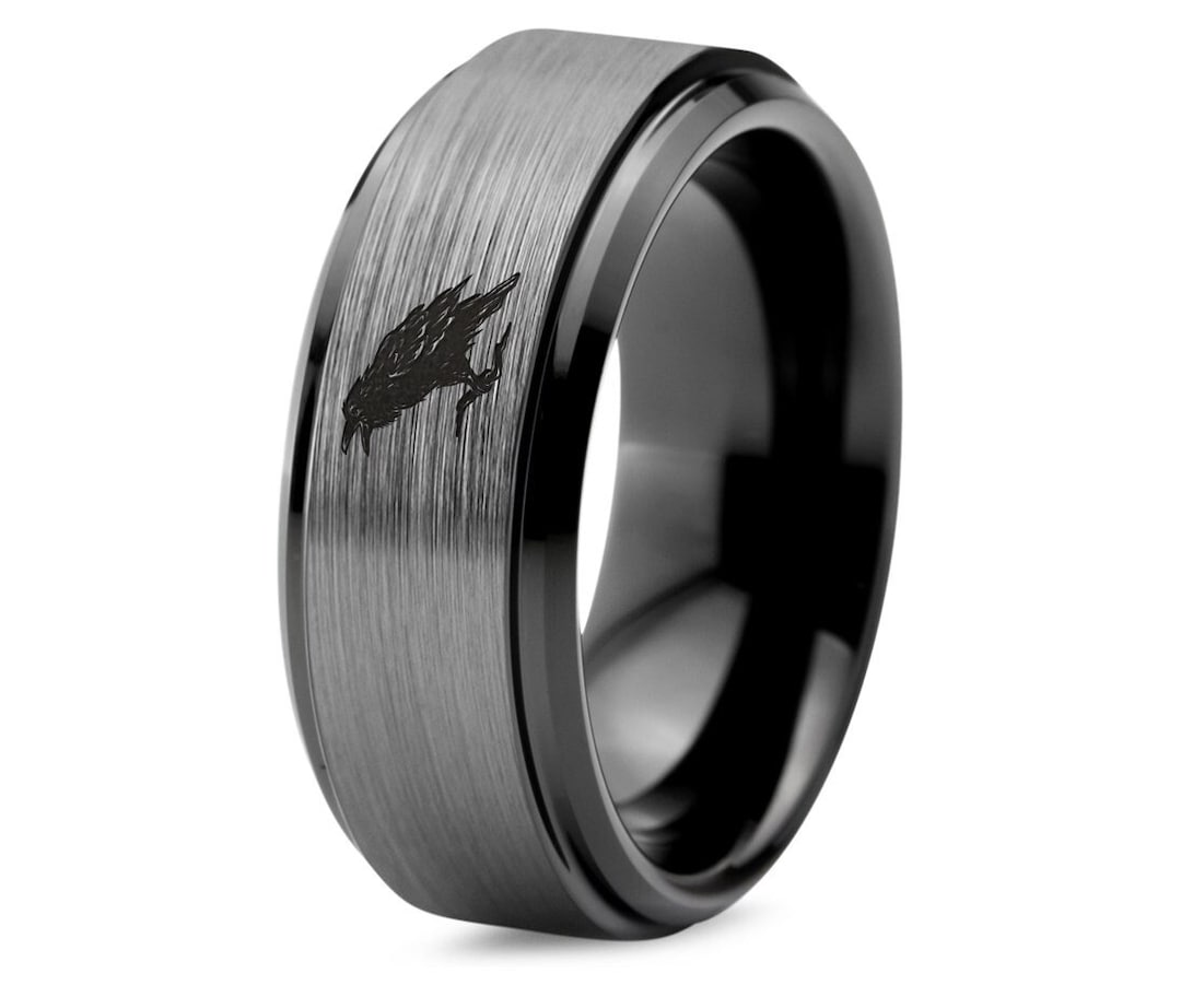 Wild Crow Ring | Black Gray Wedding Band | Mens Tungsten Ring | Brushed ...