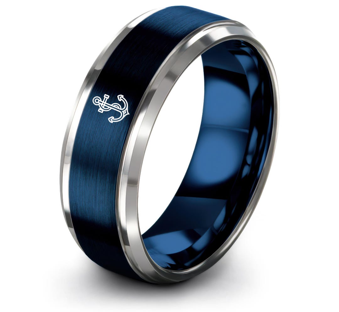Gift for Nautical Fan | Anchor With Rope Ring | Tungsten Ring Blue ...