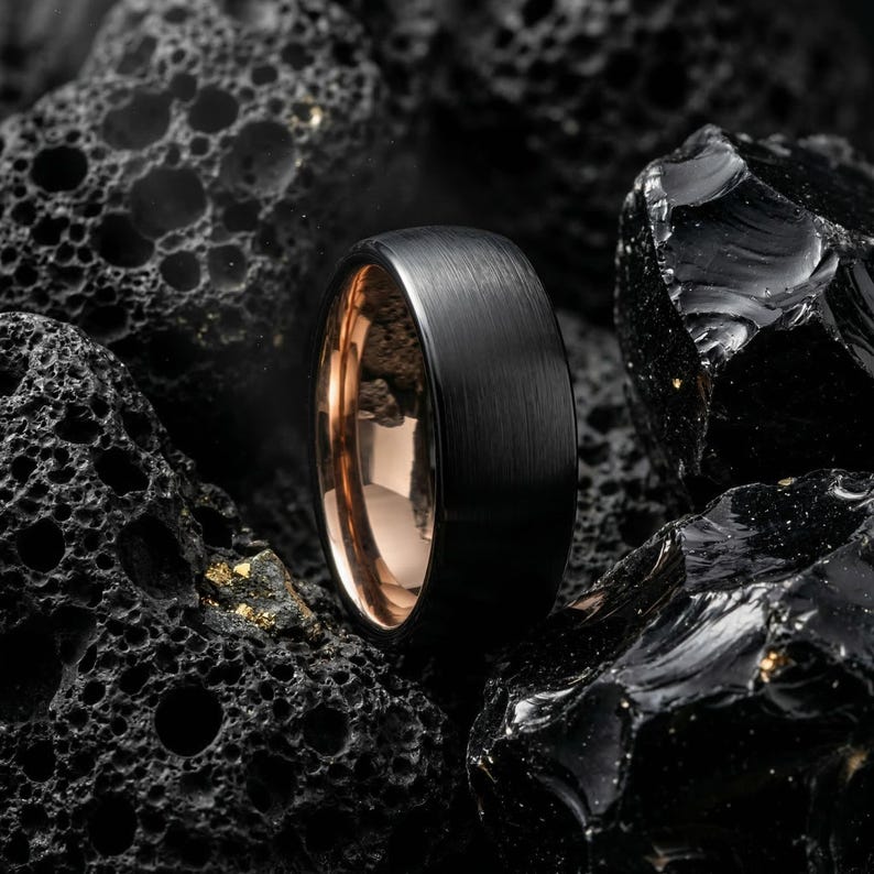 Unique Gift for Dad, Black Rose Gold Tungsten Ring, 8mm Dome Edge ...