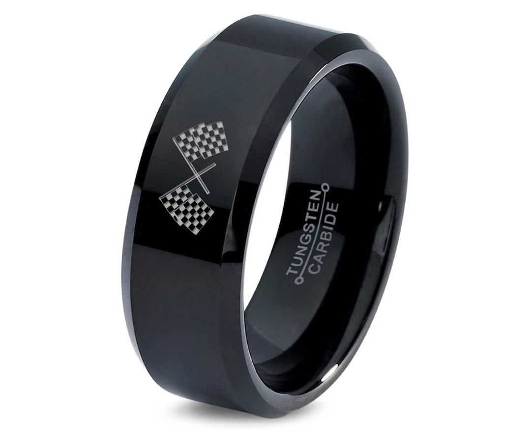 Racing Checkered Flag Ring - Women Wedding Bands Black - Domed Polished ...