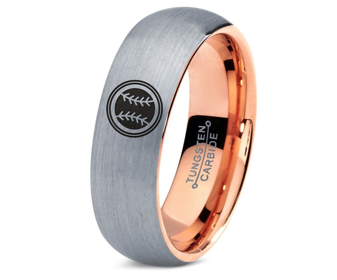 Baseball Ring Band, Gift for Player, Rose Gold Wedding Band Men, Unique Tungsten Rings, Promise ...