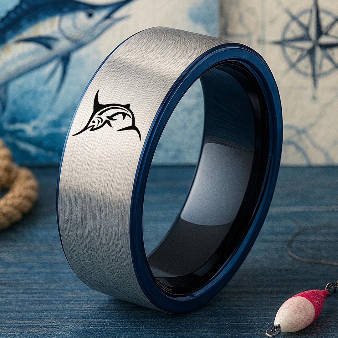 Gift for Fishing Fan, Marlin Ring, Black Silver Blue Tungsten Band ...