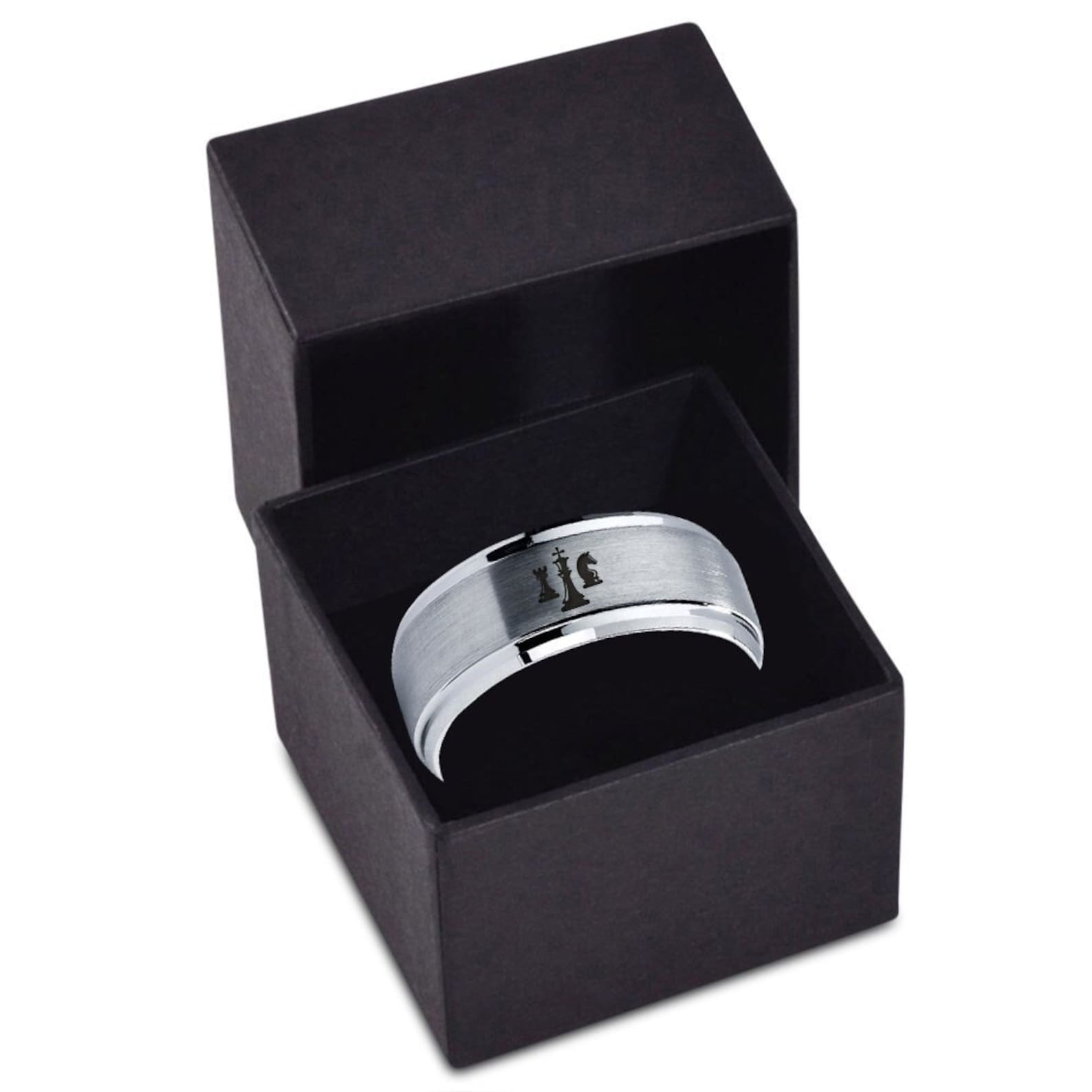 Chess King Rook Knight Ring, Silver Gray Wedding Band, Tungsten Rings ...