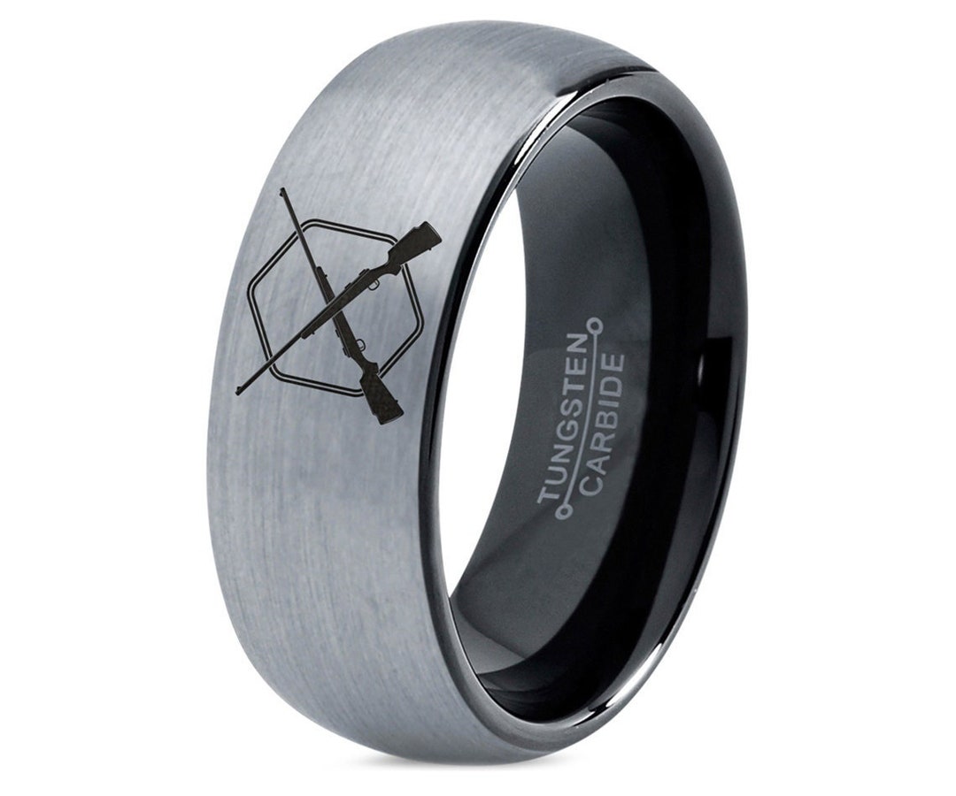 Engraved Deer Hunting Rifles Ring, Mens Wedding Band Gray, Dome Black ...